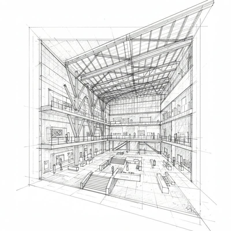 Intricate Architectural Sketch of a Modern Multi-level Atrium. Features ...