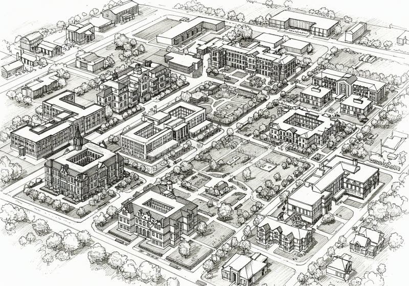 Intricate Architectural Sketch of a University Campus. the Layout ...