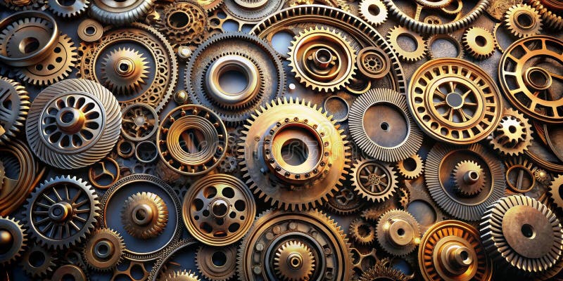 Intricate Arrangement of Bronze and Gold Gears, Interlocking Components ...