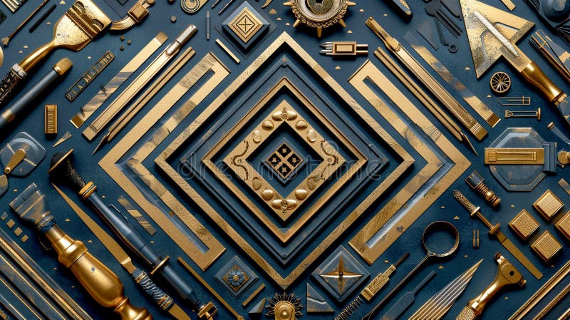 Intricate Arrangement of Golden Tools and Geometric Patterns on a Dark ...