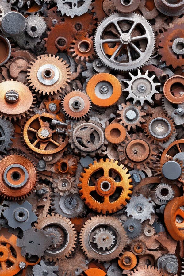 Intricate Arrangement of Various Gears and Cogs in Rusty and Metallic ...