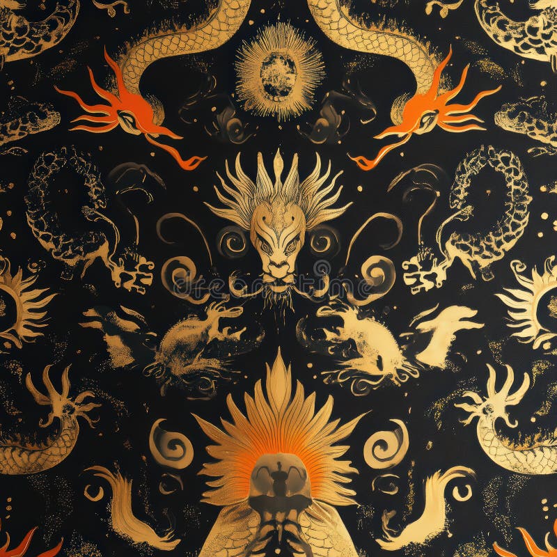 Intricate Asian Decorative Pattern with Dragons and Mythical Creatures ...