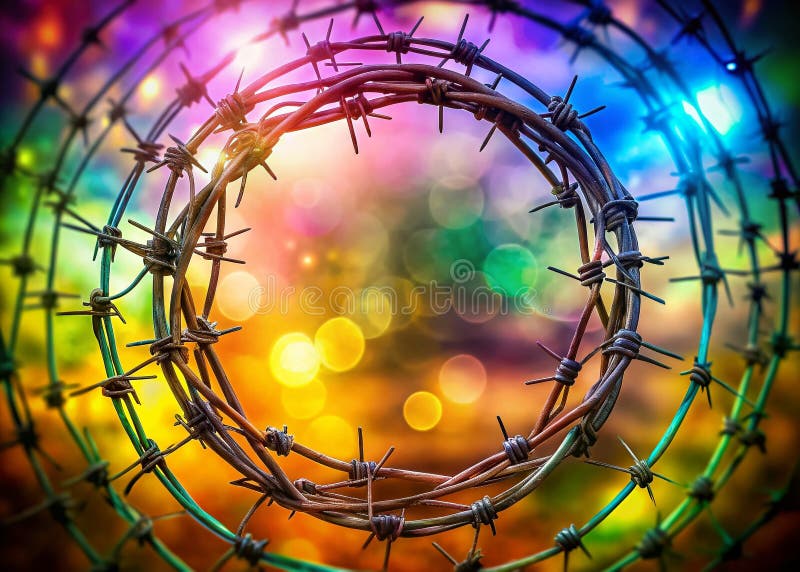 Intricate Barbed Wire Circle Frame a Double Exposure Play of Light and ...