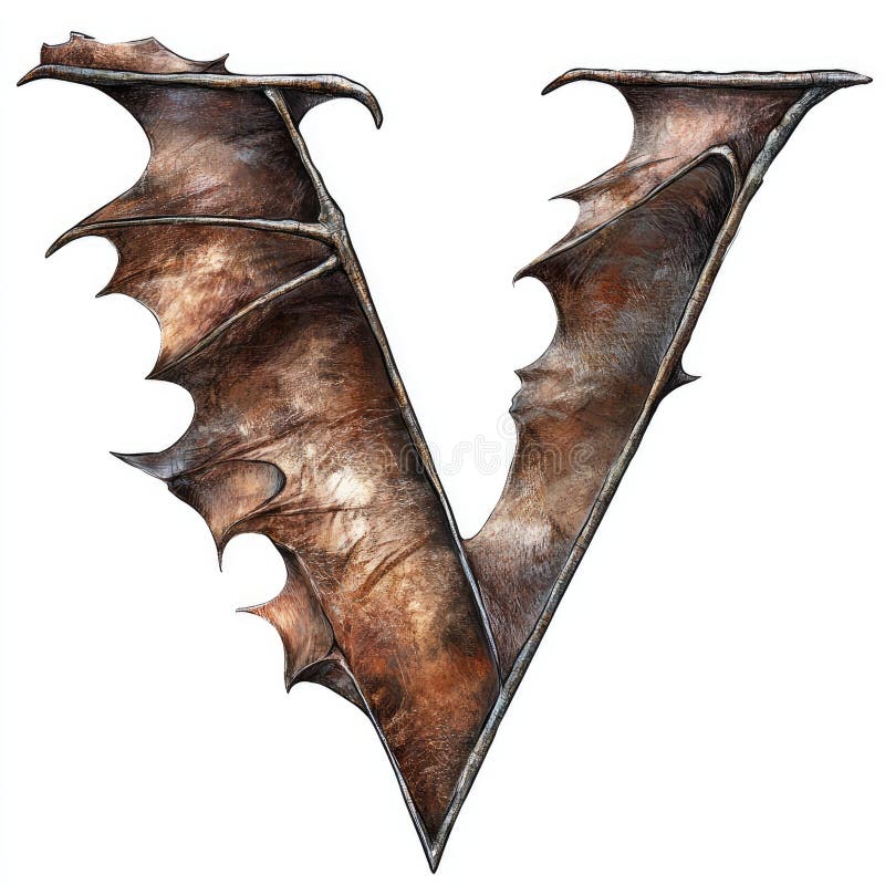 Intricate Bat-wing Letter V Design with a Textured, Rustic Finish on a ...