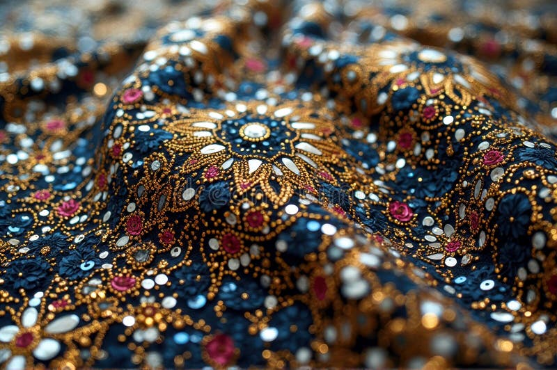 Intricate Beaded Fabric with Colorful Embroidery and Metallic Accents ...