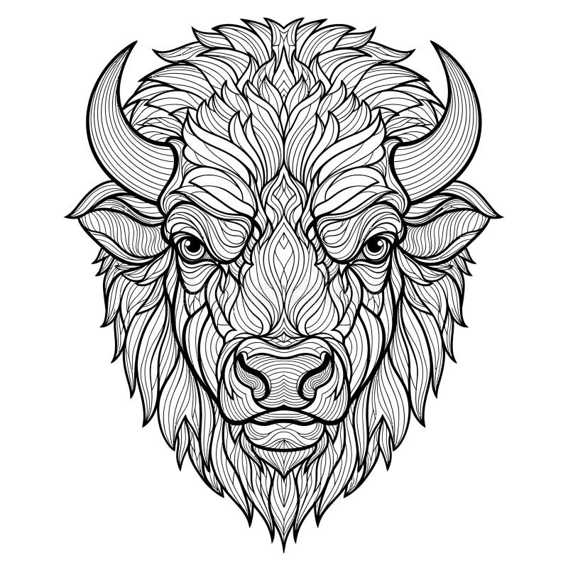 Intricate Bison Head Line Art Stock Illustration - Illustration of head ...