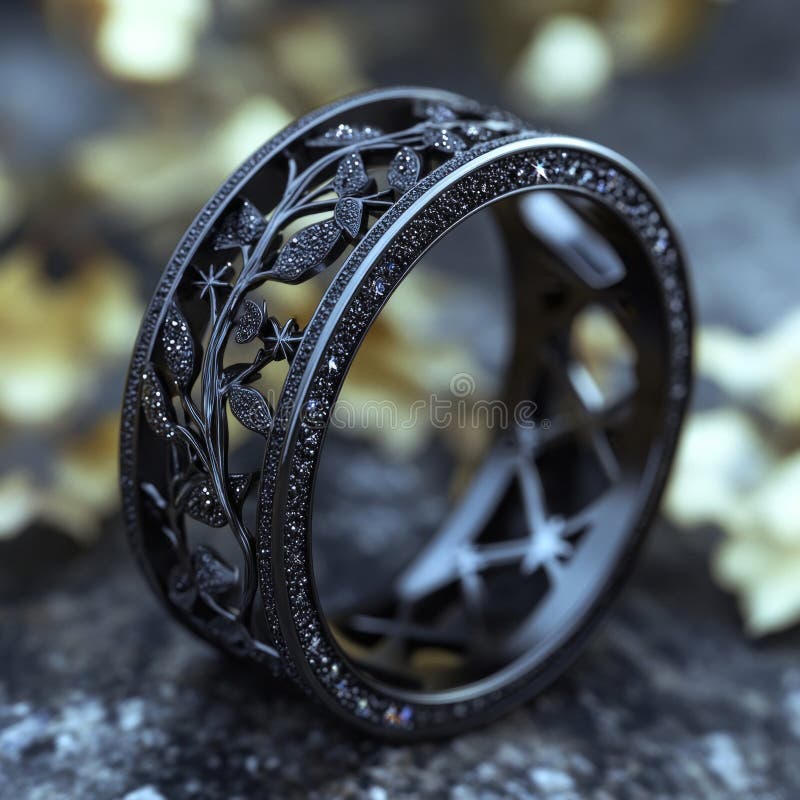 Intricate Black Diamond Ring with Floral Design on Rustic Surface Stock ...