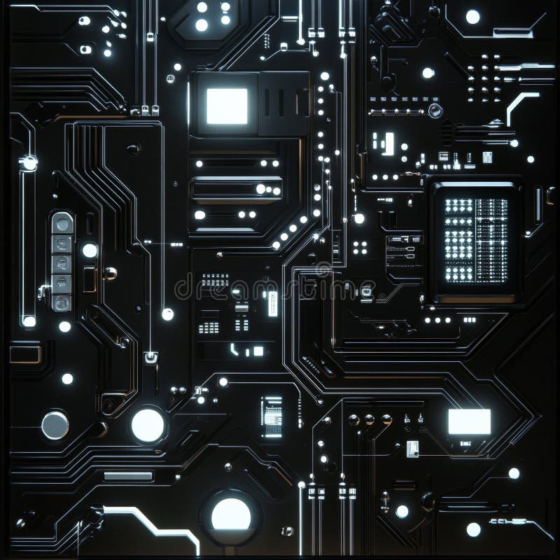 Intricate Black Electronic Circuit Board with Illuminated Traces and ...