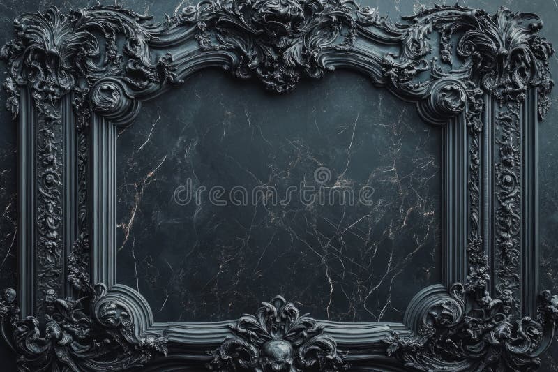 Intricate Black Rococo Frame Encasing a Dark Marble Textured Background ...