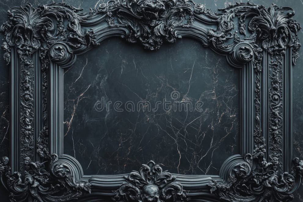 Intricate Black Rococo Frame Encasing a Dark Marble Textured Background ...