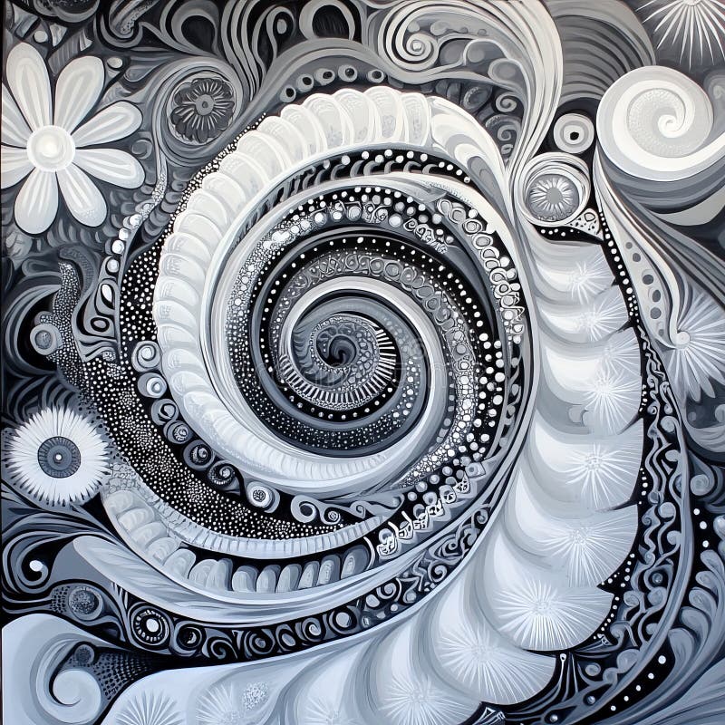 Intricate Black and White Abstract Spiral with Floral and Geometric ...
