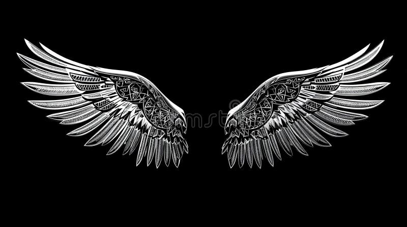 Intricate Black and White Angel Wings Design on a Black Background ...