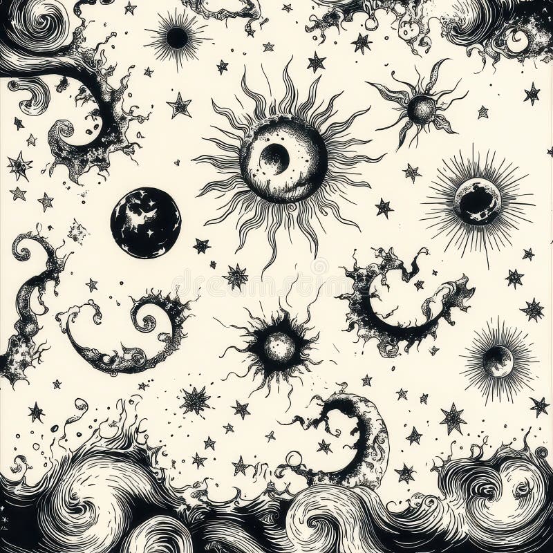 Intricate Black and White Celestial Design with Suns and Moons Stock ...