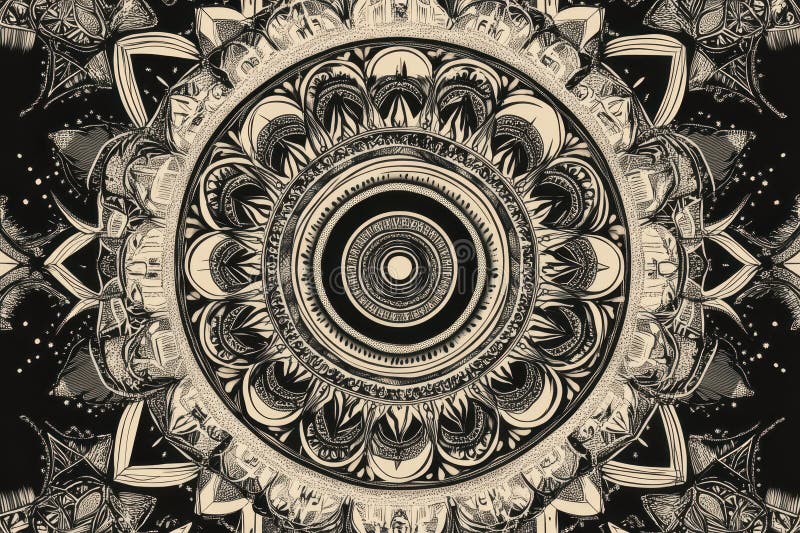 Intricate Black and White Circular Pattern with Floral Elements Stock ...