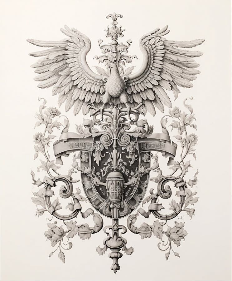 Intricate Black and White Coat of Arms Featuring a Powerful Eagle with ...
