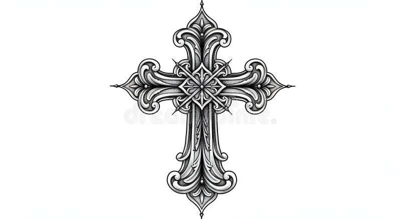 Intricate Black and White Cross Design Featuring Ornate Patterns and ...