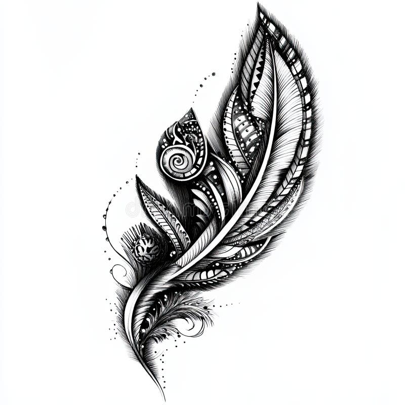 Intricate Black and White Feather Illustration with Detailed Patterns ...