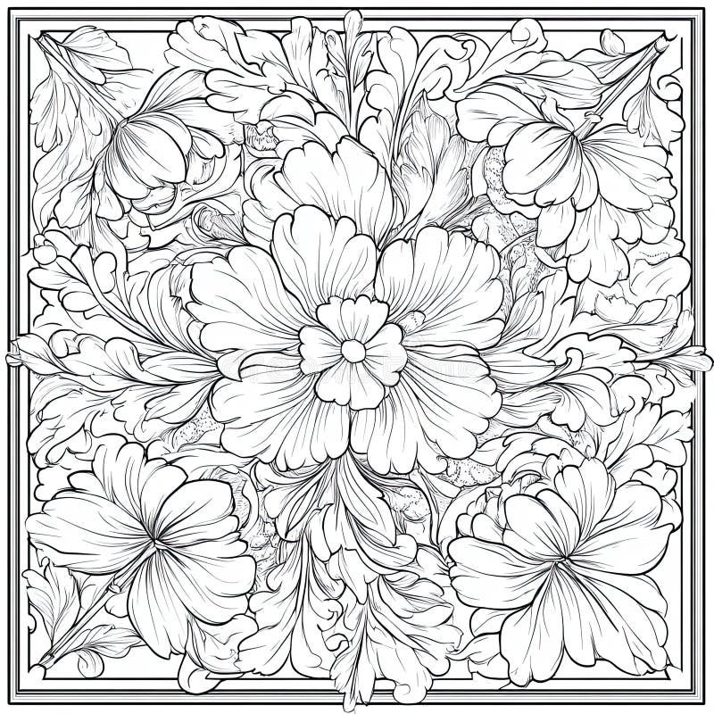 Intricate Black and White Floral Design Square Pattern for Textile and ...