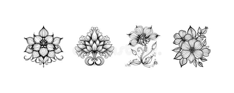 Intricate Black and White Floral Line Art Designs. Vector Icon Design ...
