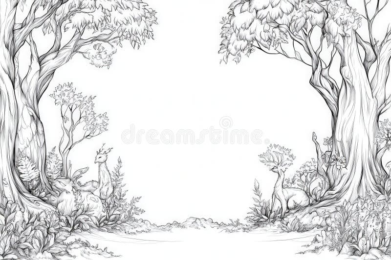 Intricate Black and White Forest Scene with Deer and Rabbits Stock ...