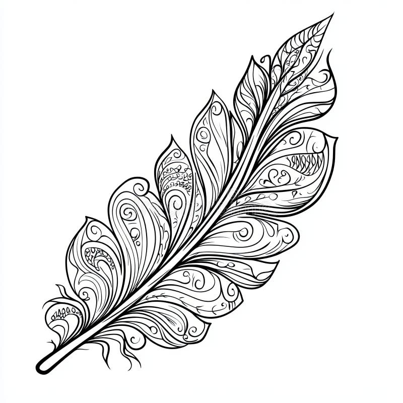 Intricate Black and White Illustration of a Decorative Feather Design ...
