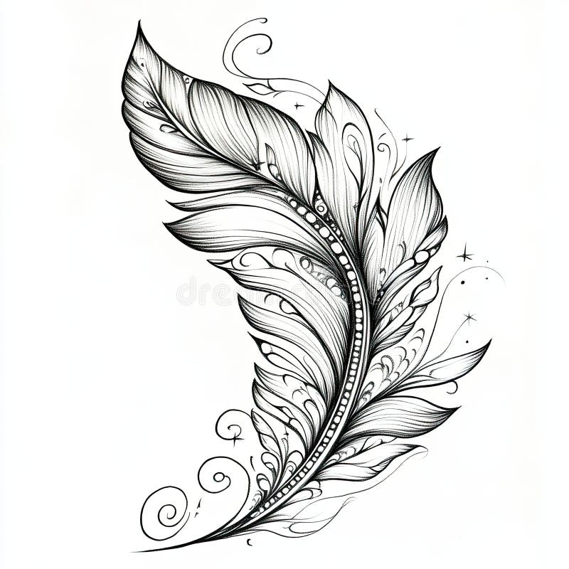 Intricate Black and White Illustration of a Decorative Feather Design ...
