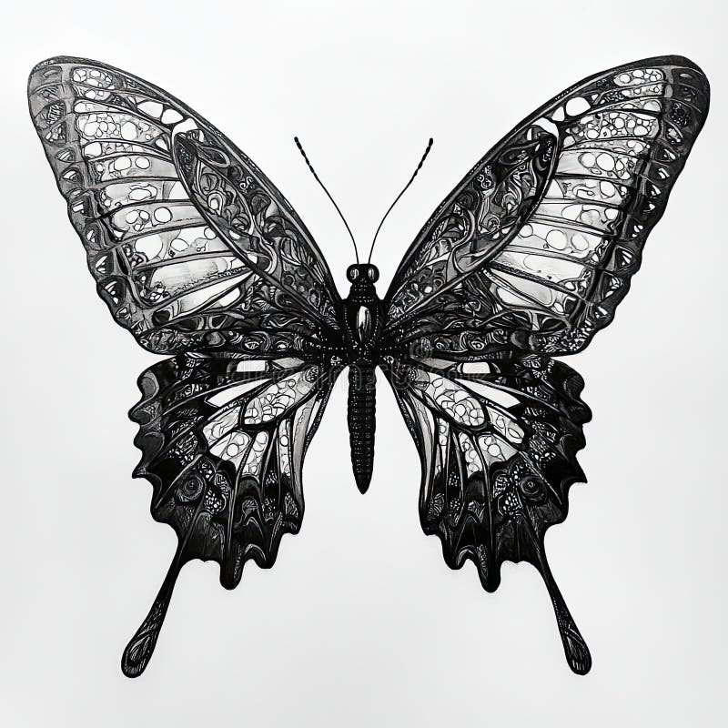 Intricate Black and White Illustration of a Delicate Butterfly with ...