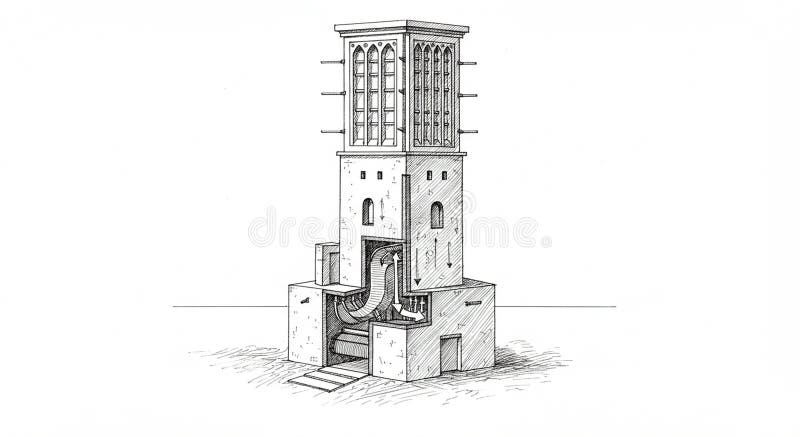 Intricate Black and White Illustration of a Multi-level Structure with ...