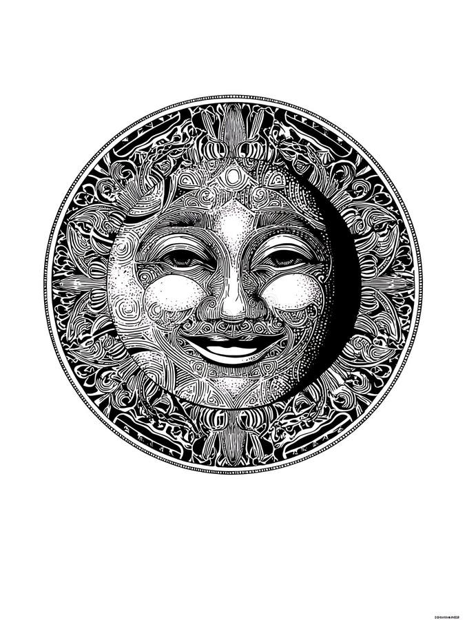 Intricate Black and White Illustration of the Sun with a Smiling Human ...