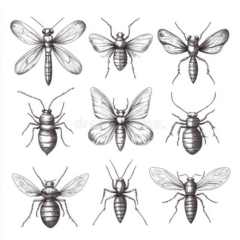 Intricate Black and White Illustrations of Various Insect Species Stock ...