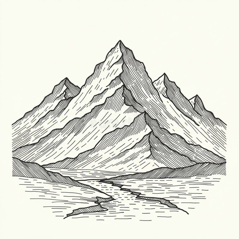 Ntricate Black and White Line Drawing of a Rugged Mountain Range with ...