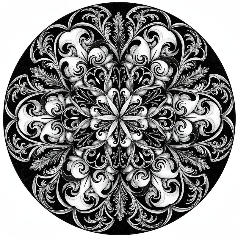 Intricate Black and White Mandala Featuring Detailed Floral and Scroll Patterns. the Stock ...