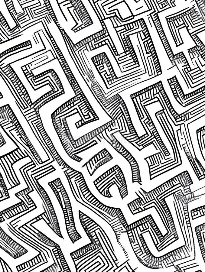 Intricate Black and White Maze Illustration Featuring Complex Paths and ...