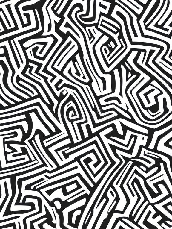 Intricate Black and White Maze Illustration Featuring Complex Paths and ...