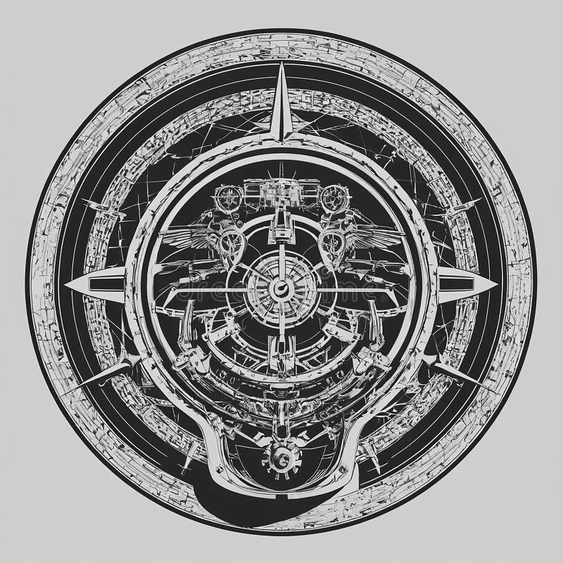 Intricate Black and White Mechanical Mandala with a Central Compass ...