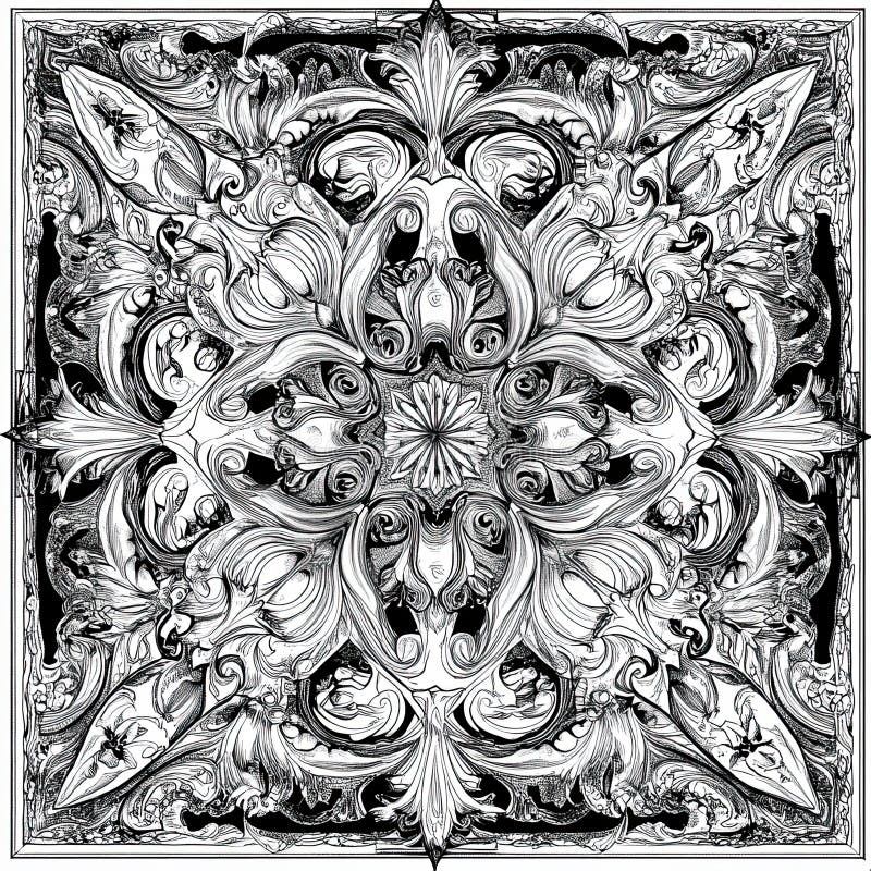 Intricate Black and White Ornate Design Symmetrical Floral Rococo ...