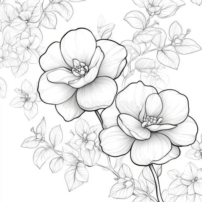 Intricate Black and White Outline of Flowers and Leaves. Stock Image ...