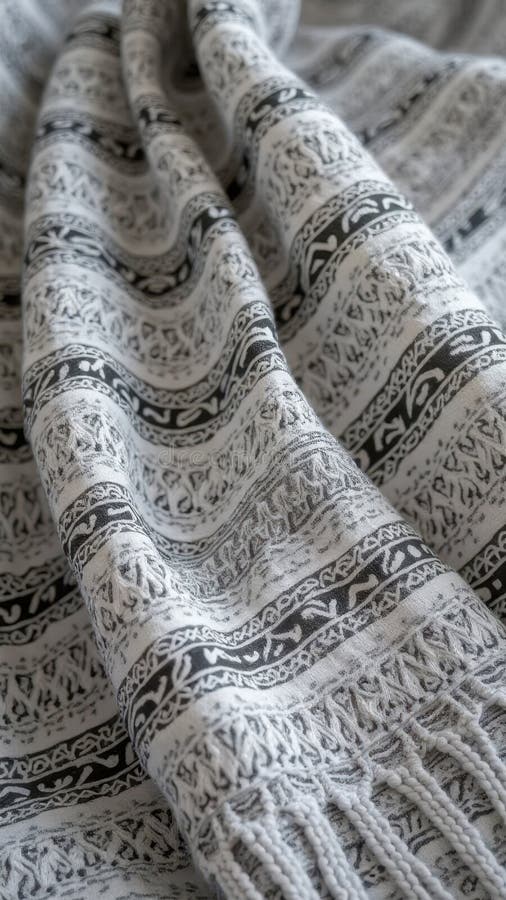 Intricate Black and White Patterned Fabric with Woven Fringe Details ...