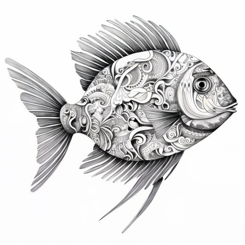 Intricate Black and White Pencil Drawing of a Patterned Fish Stock ...