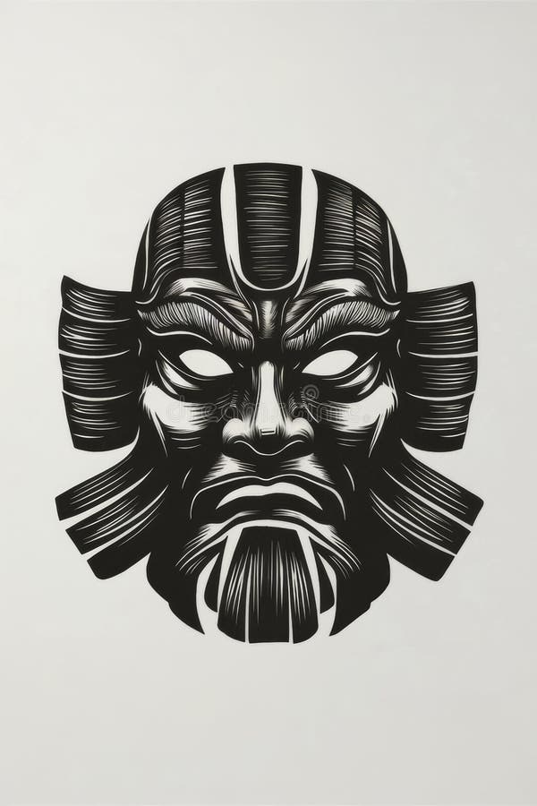 Intricate Black and White Samurai Mask Illustration with Bold Lines and ...