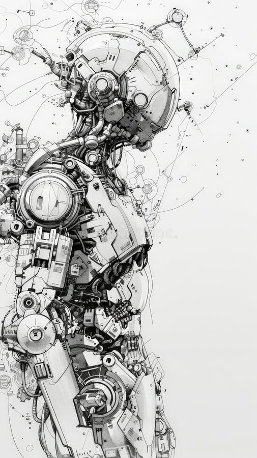 Intricate Black and White Side Profile of a Humanoid Robot with ...