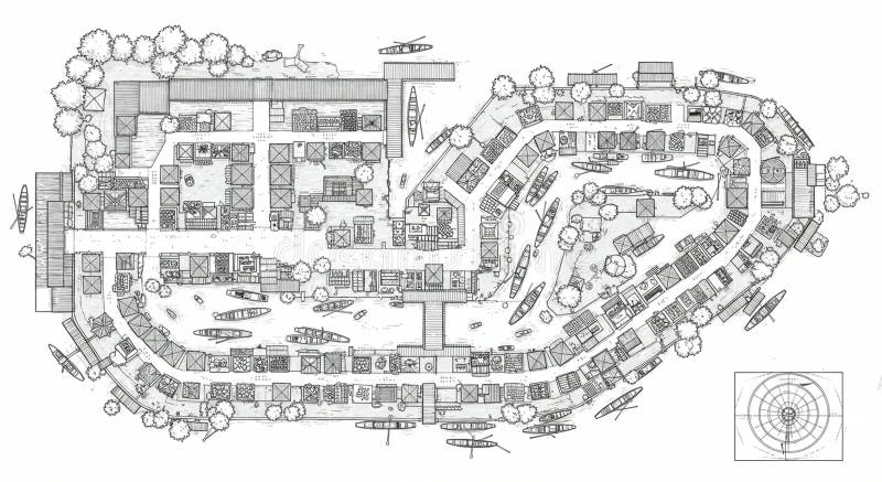 Intricate Black-and-white Top-down Map of a Canal-based Settlement ...