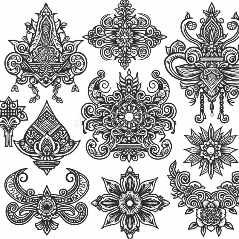 Intricate Black and White Traditional Thai Patterns Collection Stock ...