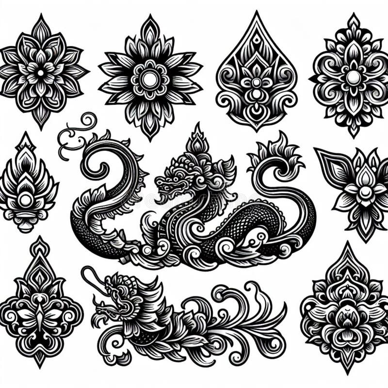 Intricate Black and White Traditional Thai Patterns Collection Stock ...