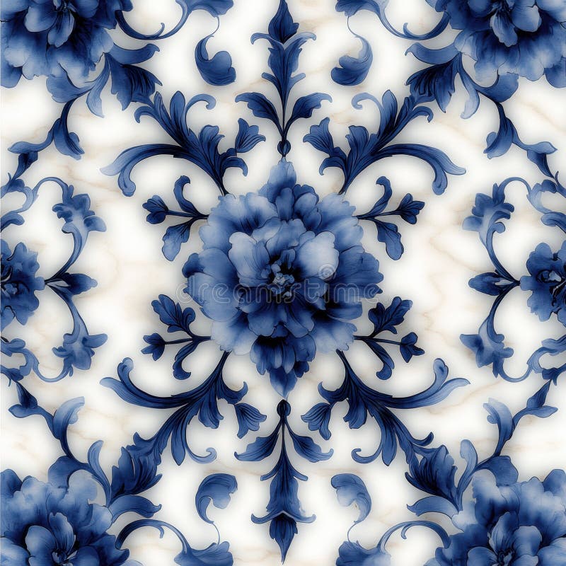 Intricate Blue Floral Pattern with Symmetrical Design on Light ...