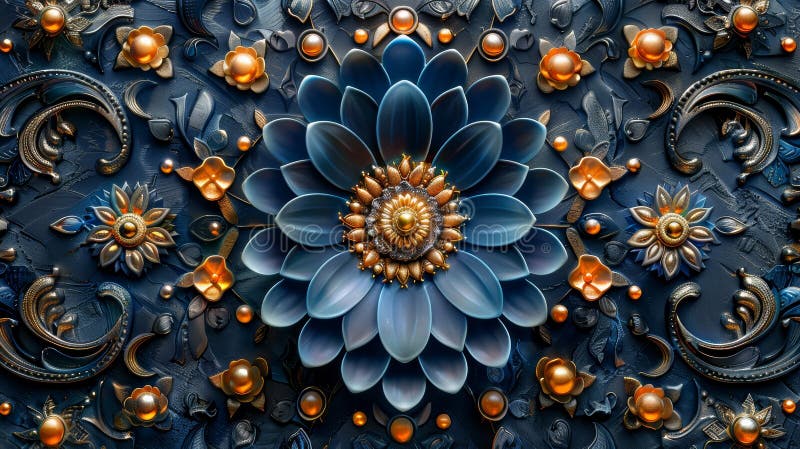 Intricate Blue and Gold Floral Pattern with Ornate Details and a 3D ...