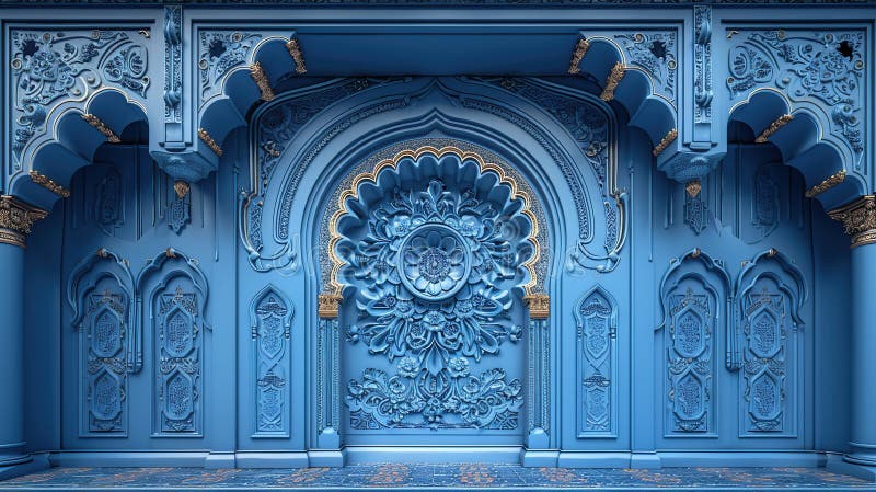 Intricate Blue and Gold Islamic Architectural Wall with Arches and ...
