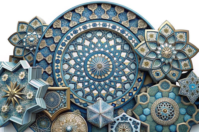 Intricate Blue and Gold Islamic Geometric Patterns Stock Illustration ...