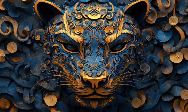 Intricate Blue and Gold Leopard Face Design with Ornate Patterns and ...