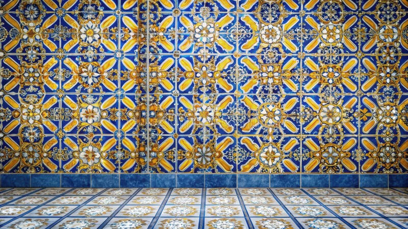 Intricate Blue and Gold Tile Wall and Floor Design, Perfect for ...